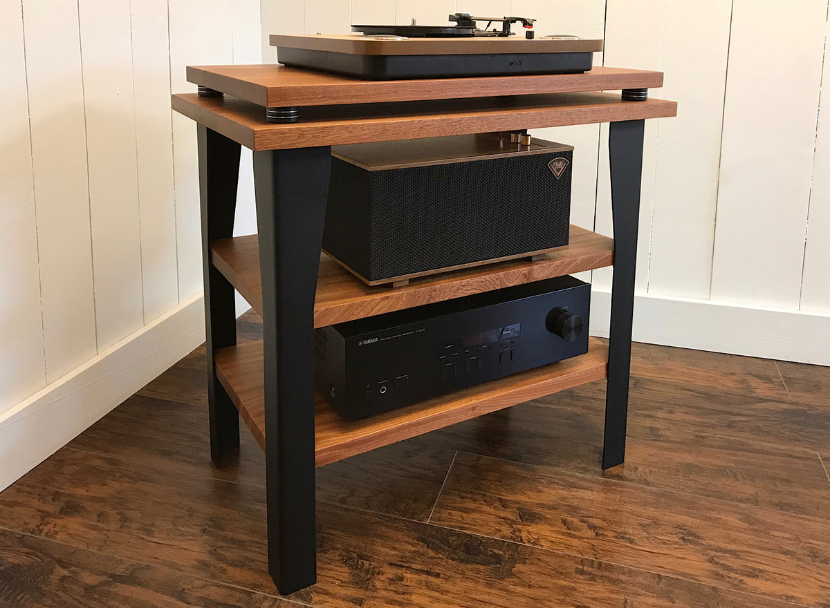 Mahogany stereo and turntable console with optional album storage.